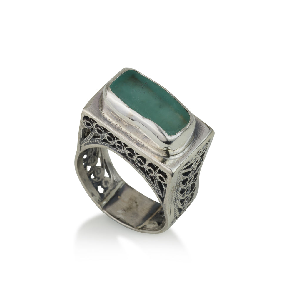 925 silver filigree ring set with Roman glass – Moshe Ben David Jewelery